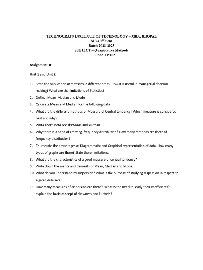 Sub Quantitative Methods Assignment 01 From Unit 1 and 2 | PDF