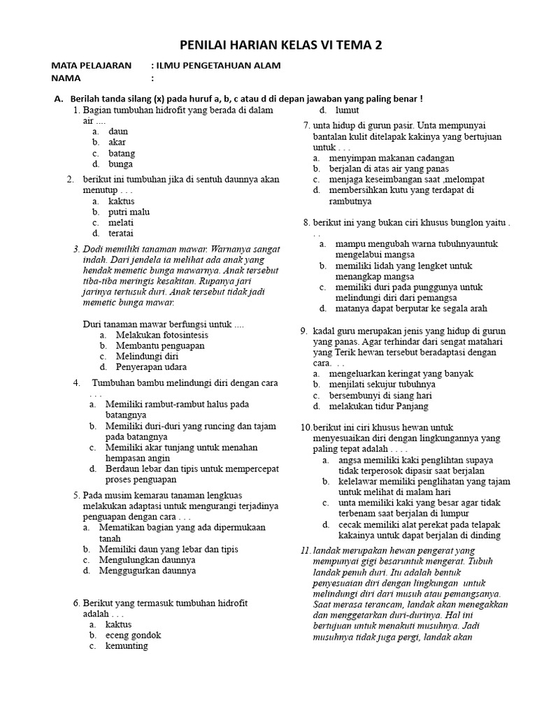 Penilai Harian Tema 2 Ipa | PDF | Griya & Taman