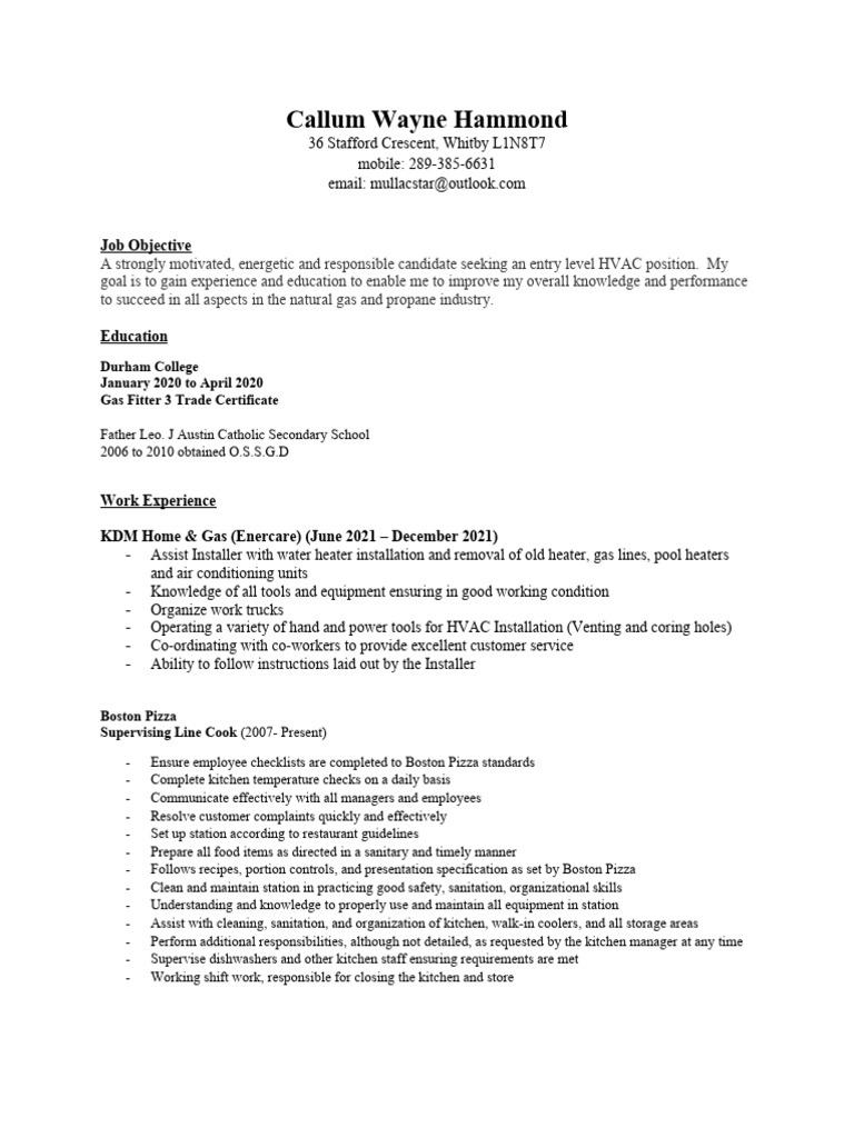 Callum Wayne Hammond Resume Dec 2021 | PDF | Kitchen | Pallet