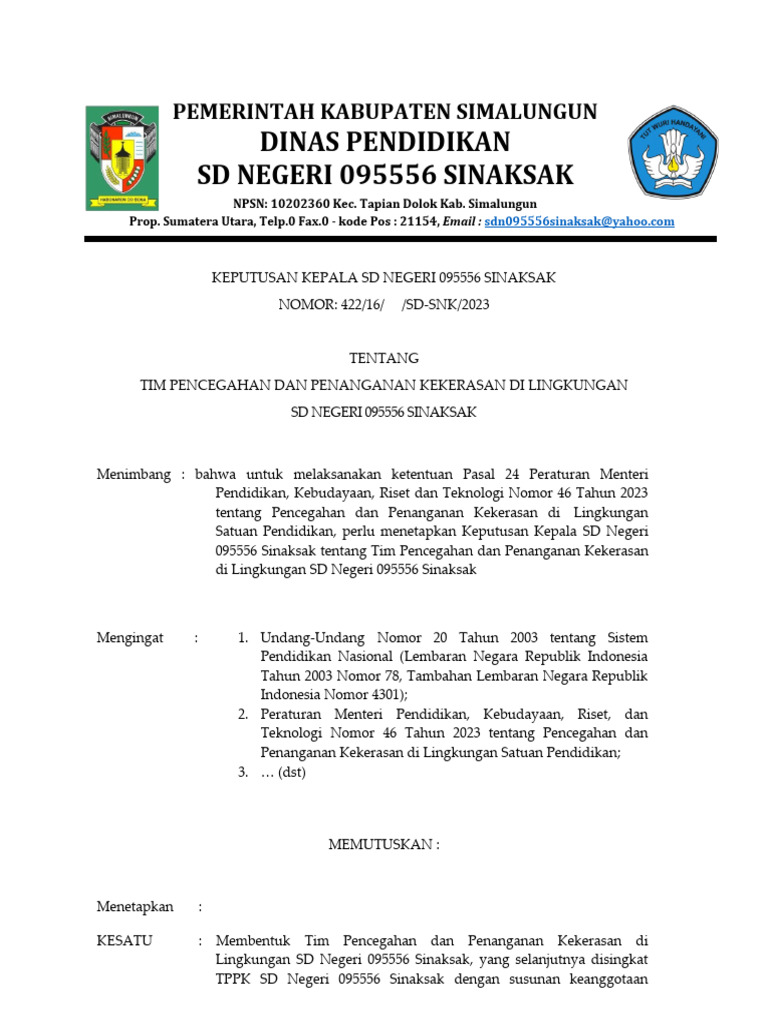 Contoh SK TPPK - SATUAN PENDIDIKAN | PDF