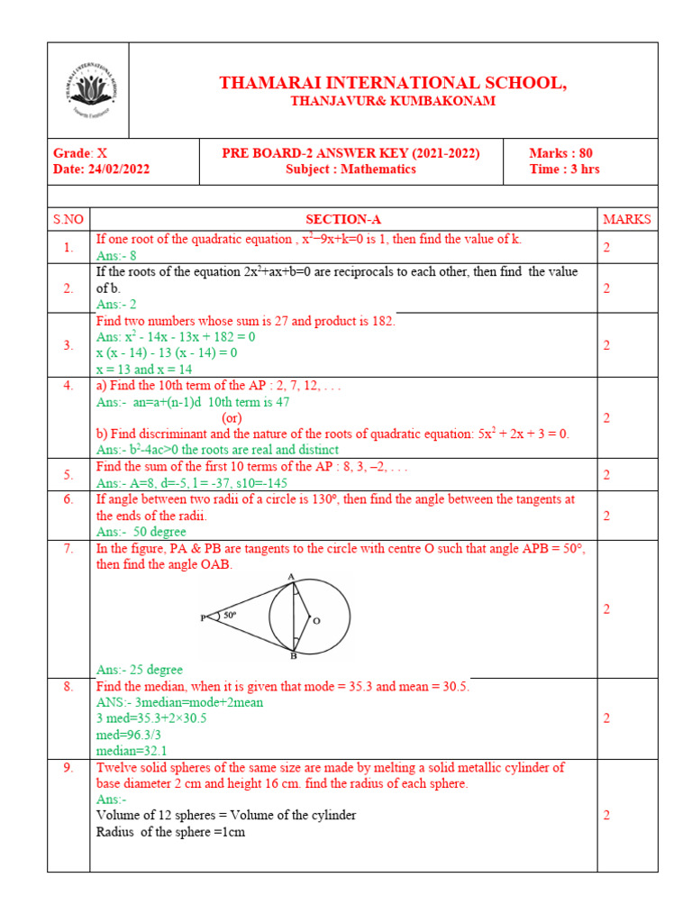 X Maths Preboard-2 | PDF | Sphere | Circle