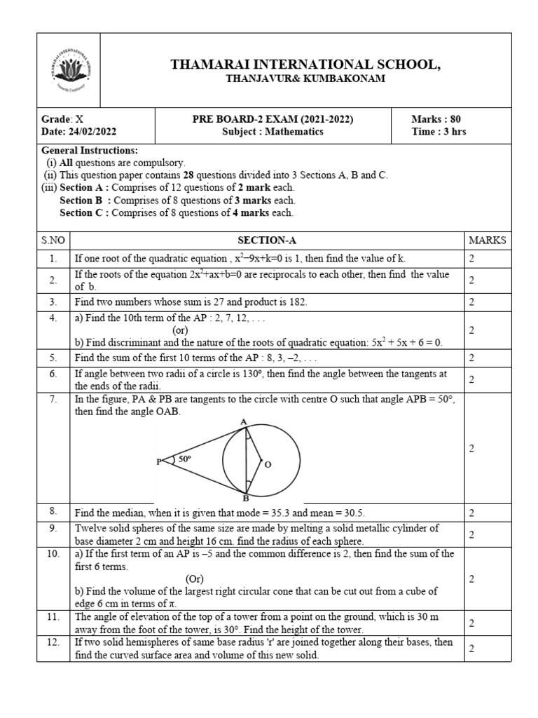 X Maths Preboard-2 QP | PDF