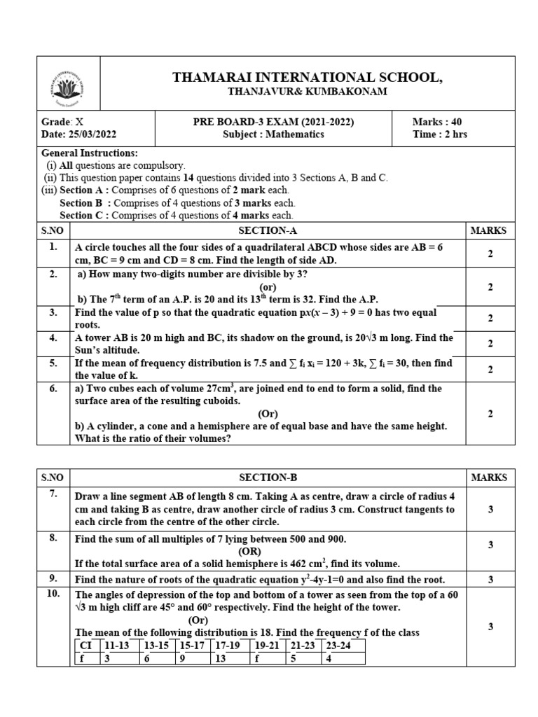 X MATHS PREBOARD-3 40marks QP 22-3-22 | PDF
