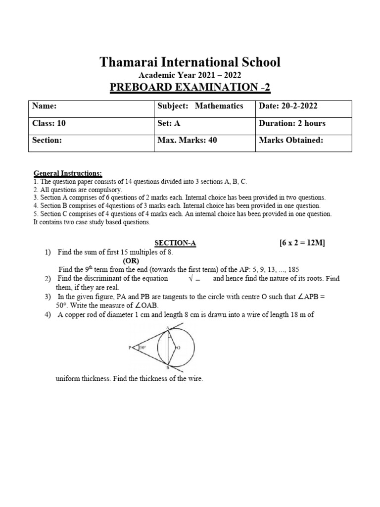 X Maths Preboard-4 QP | PDF | Circle | Angle