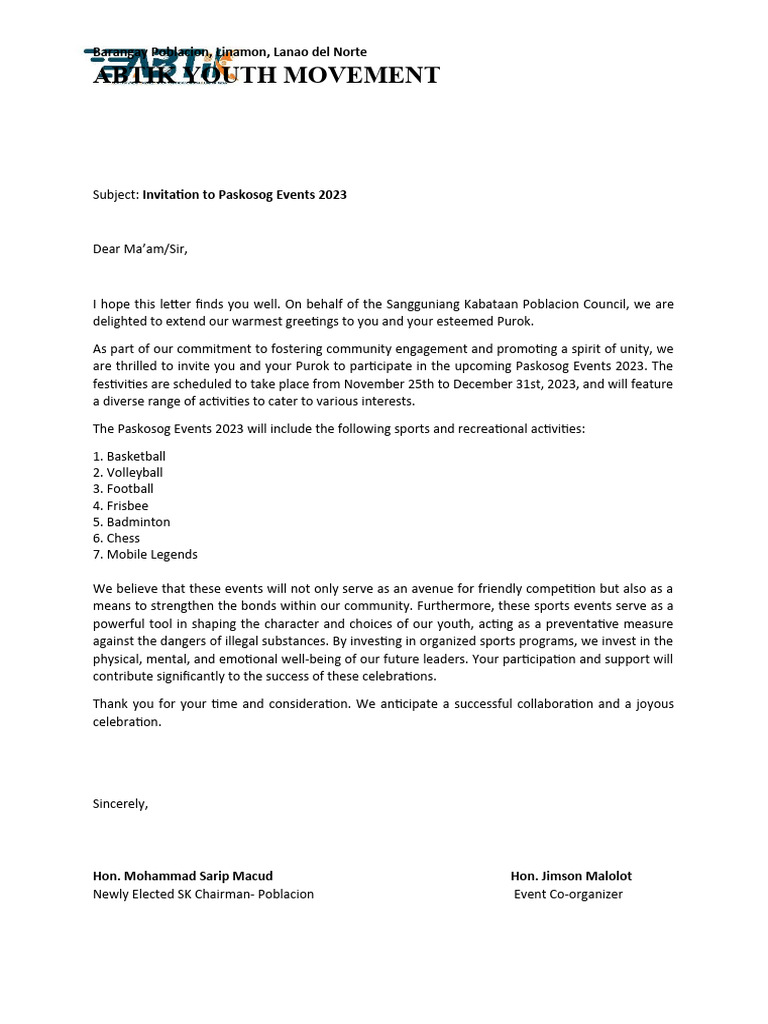Invitation Letter For Purok Presidents | PDF