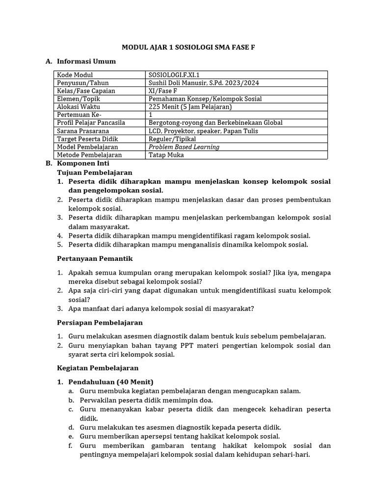 MODUL AJAR 1 SOSIOLOGI SMA FASE F KLS XI - Bab 1 | PDF