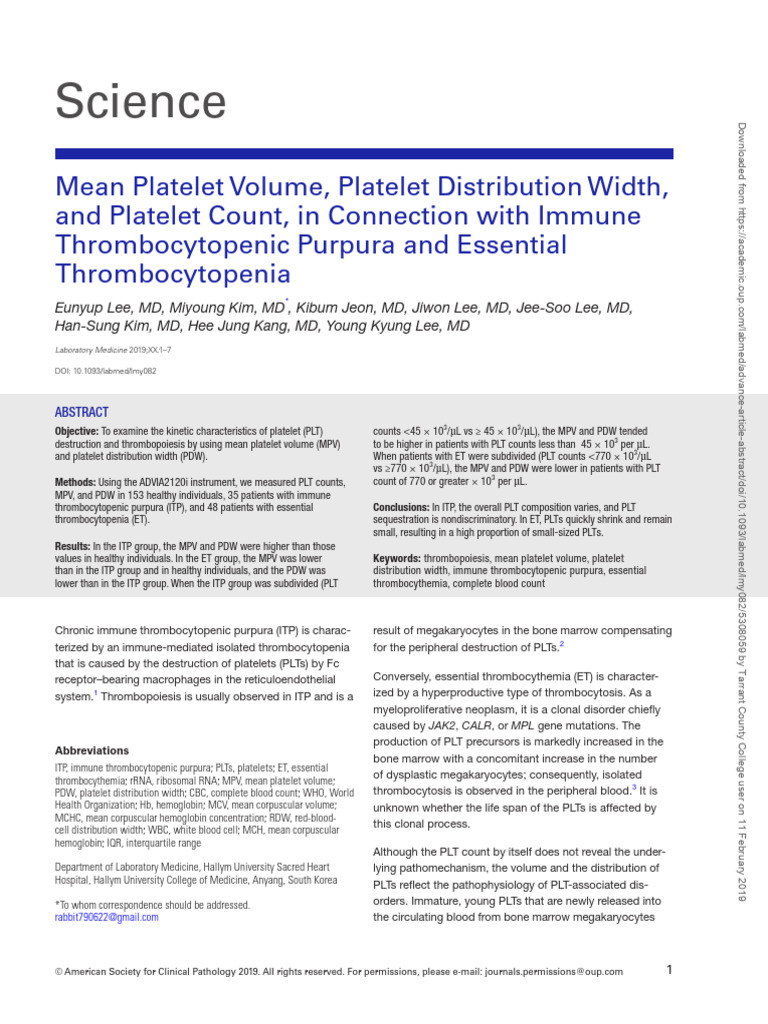 Mean Platelet Volume, Platelet Distribution Width | PDF | Epidemiology ...