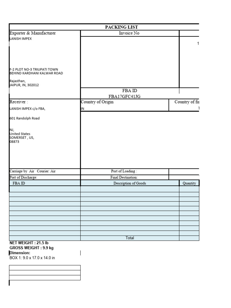 Packing List IN2US | PDF