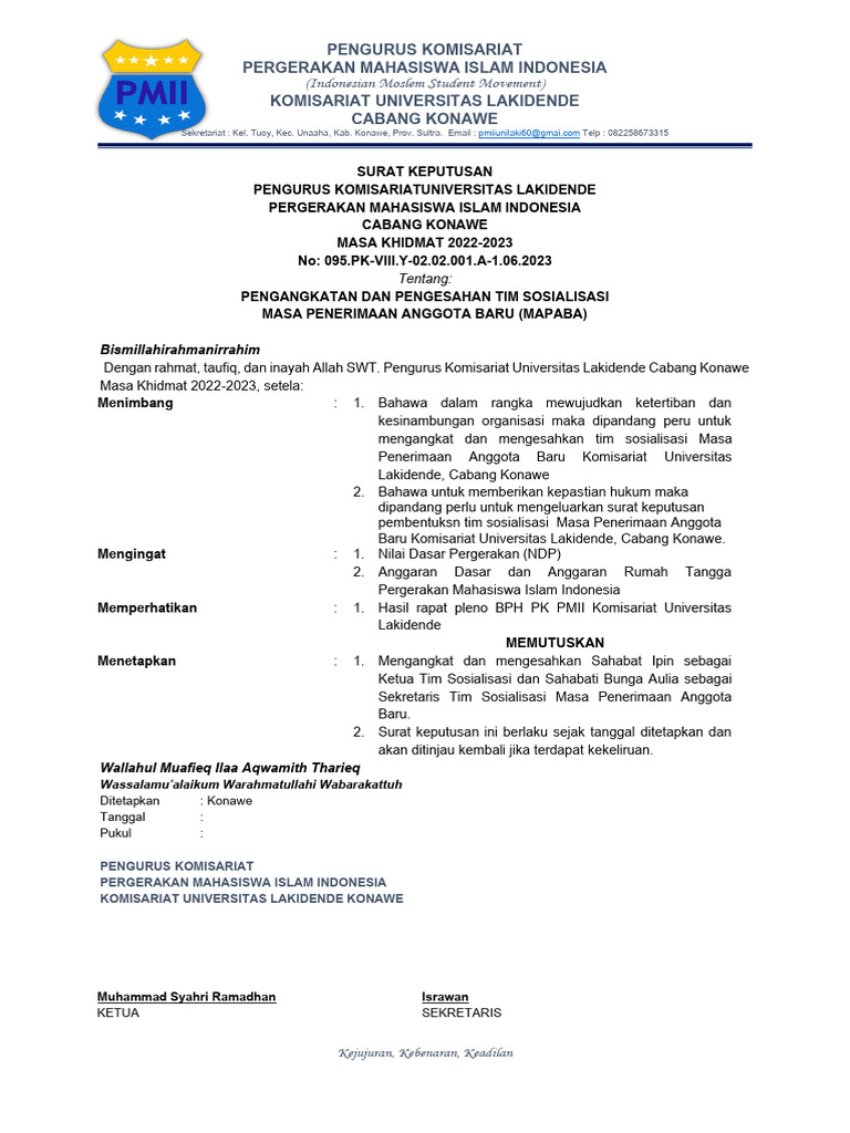 SK TIM Sosialisasi Mapaba PMII Unilaki | PDF