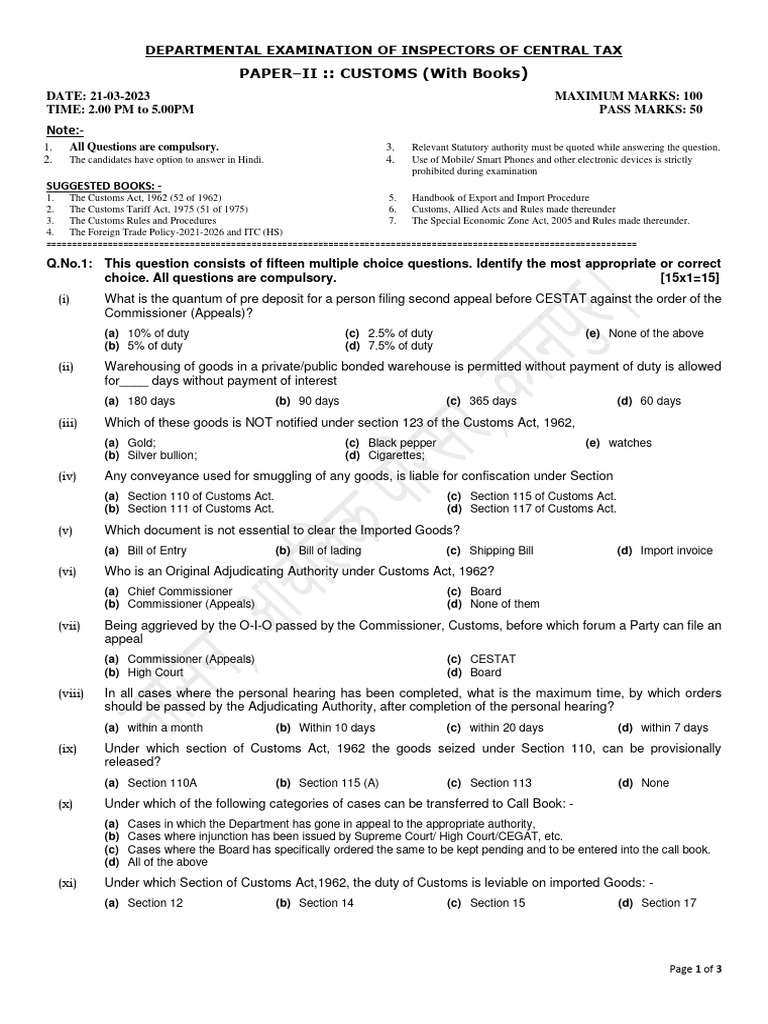 Customs Inspector Exam Paper 2023 | PDF | Customs | Trade