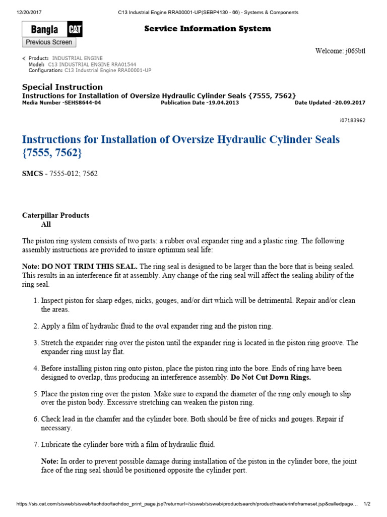 Instructions For Installation of Oversize Hydraulic Cylinder Seals | PDF | Piston | Cylinder ...