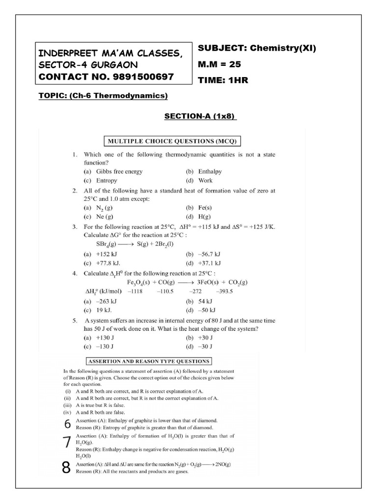 Class 11th ch-6 Thermodynamics 2022 Test | PDF