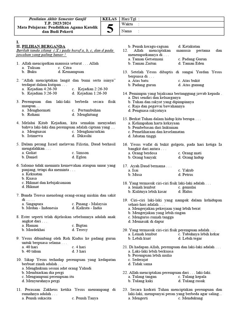 Soal Pas Agama Kelas 5 Sem 1 Ta 2023 2024 Pdf 