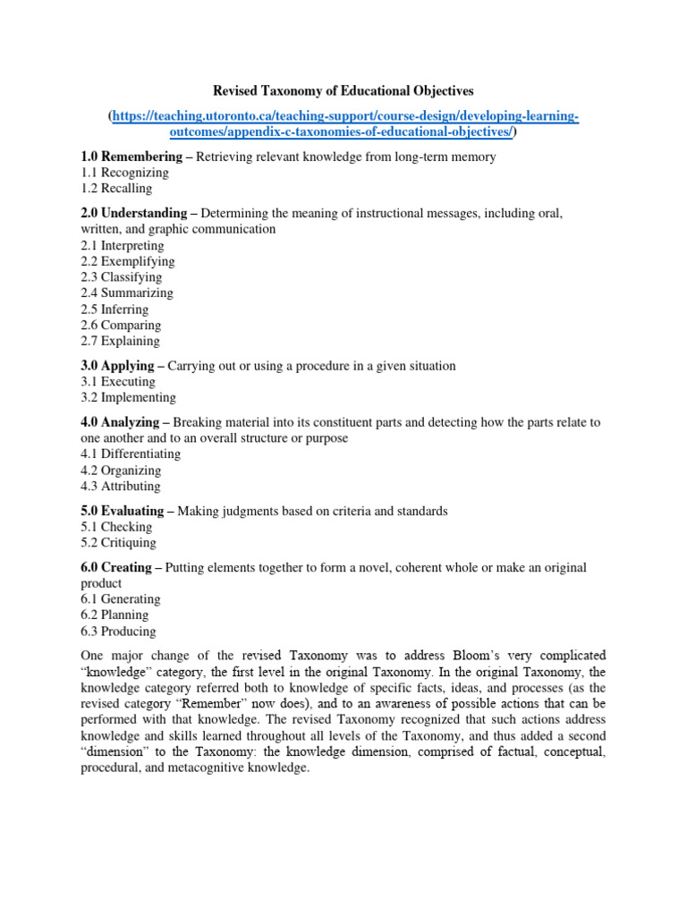 Revised Taxonomy of Educational Objectives | PDF | Knowledge ...