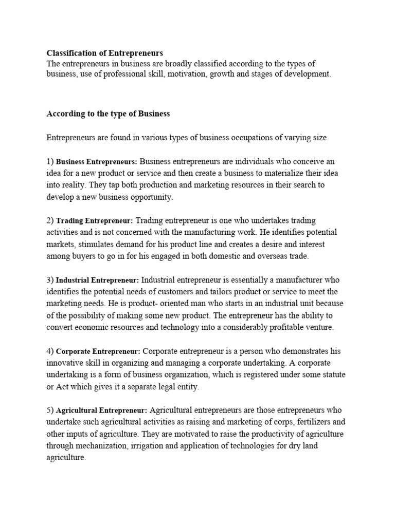 Classification of Entrepreneurs UNIT 2 | PDF