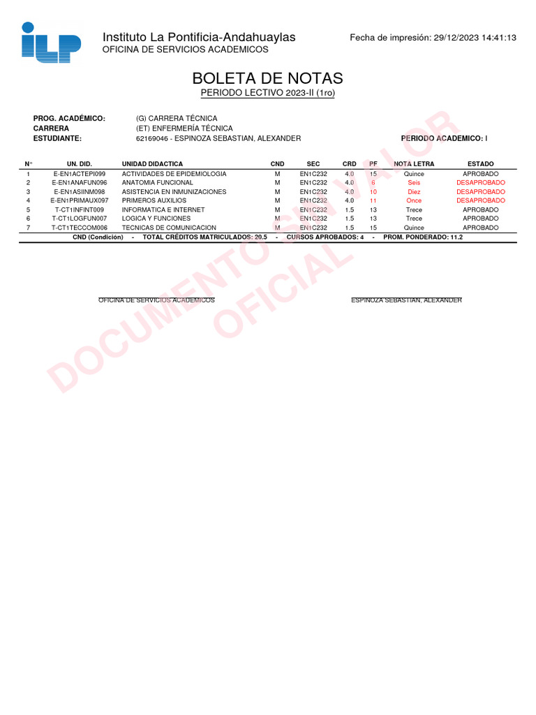 Boleta de Notas | PDF