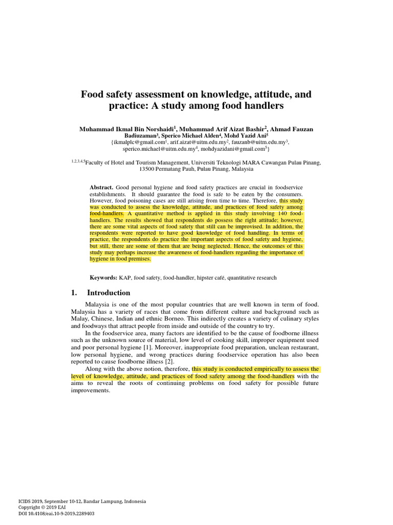 1 - Food Safety Assessment On Knowledge, Attitude, and Practice A Study ...