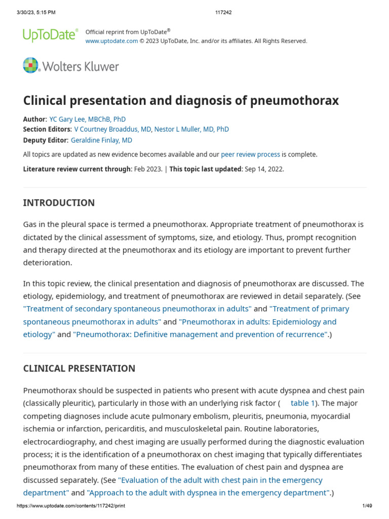 Clinical Presentation and Diagnosis of Pneumothorax | PDF | Thorax ...