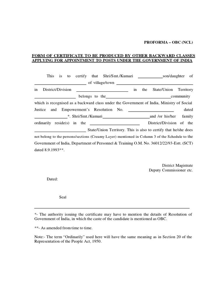 OBC (NCL) - Certificate Proforma | PDF