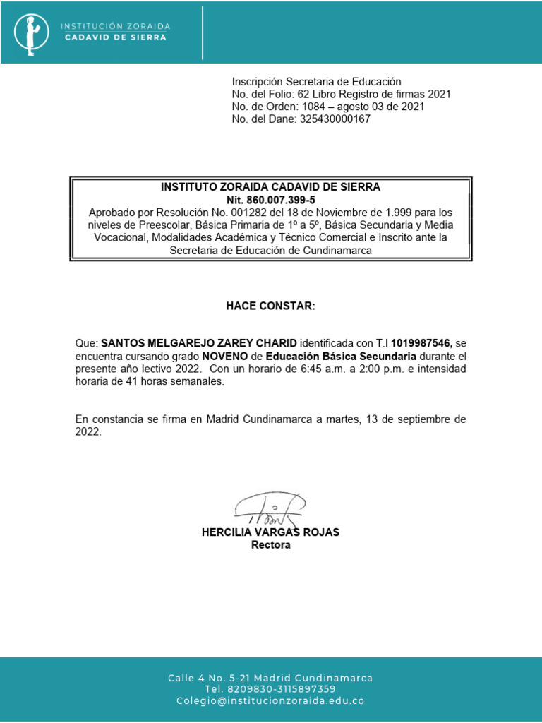 Constancia Santos Melgarejo Zarey Charid 13 Sep | PDF