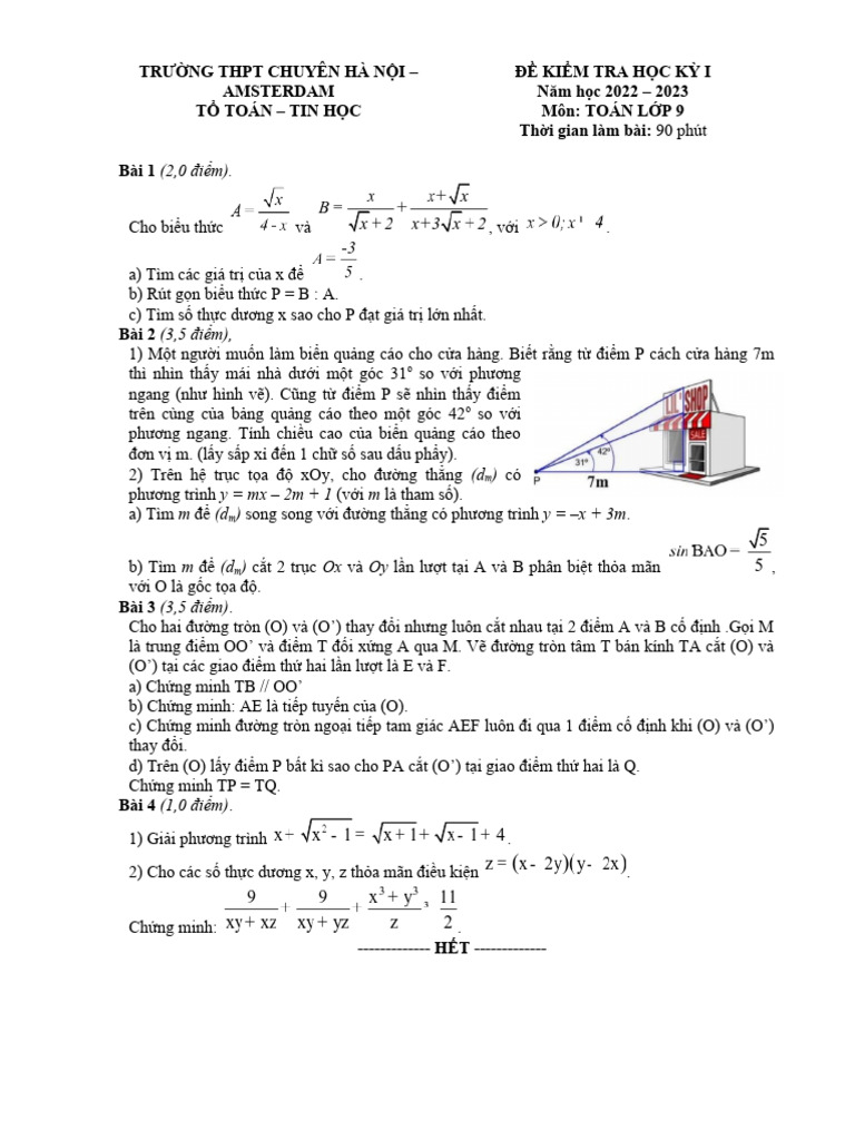 TOÁN 9 ĐỀ ĐA HK1 THCS AMSTERDAM 2022 2023 | PDF