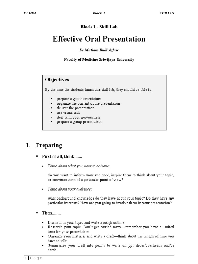 Effective Oral Presentation: Objectives | PDF