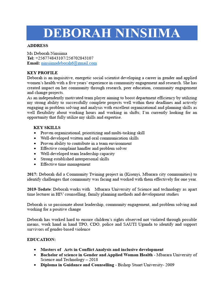 Deborah Ninsiima CV | Download Free PDF | Psychosocial | School Counselor