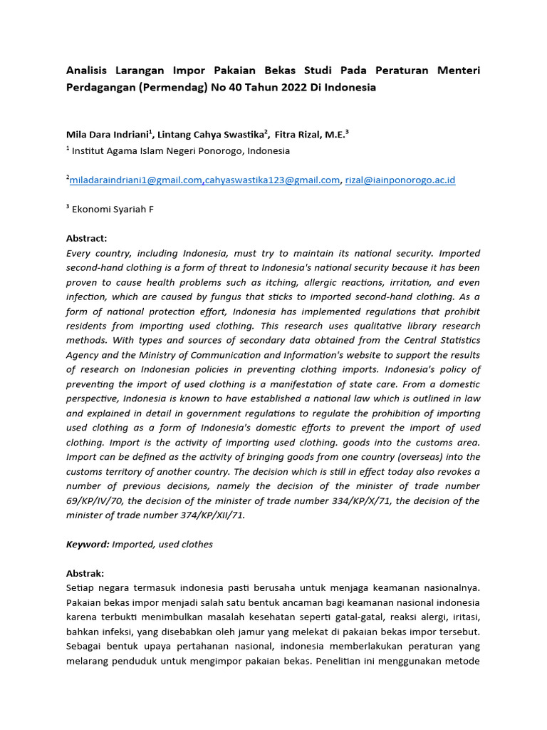 Kelompok 7 - REVISI - Analisis Larangan Impor Pakaian Bekas Studi Pada Peraturan Menteri ...
