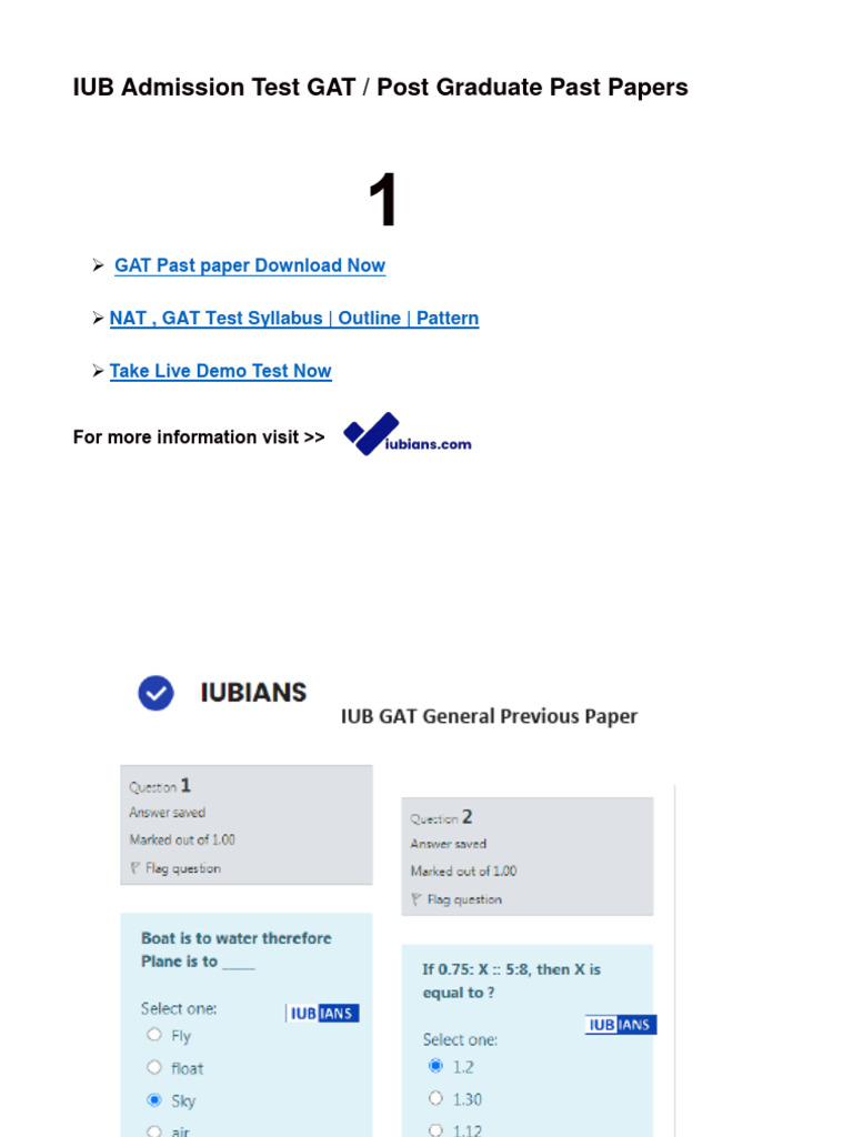 IUB Admission Test GAT Post Graduate Past Papers | PDF