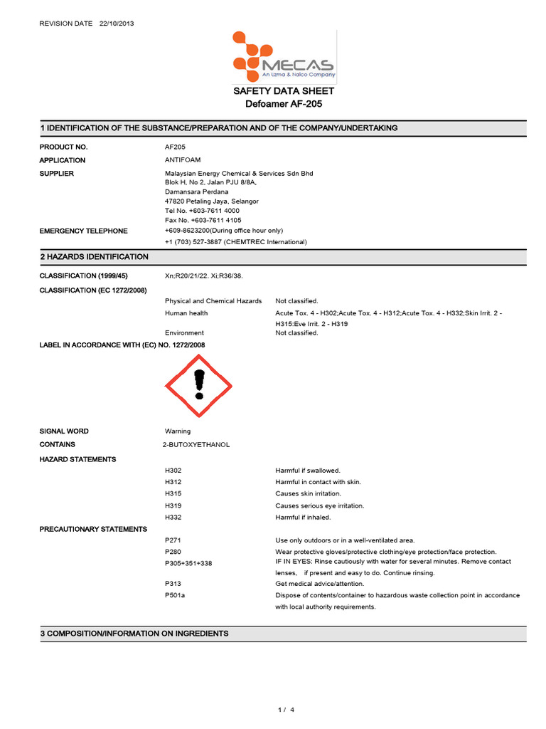 Defoamer AF-205 Safety Data Sheet | PDF