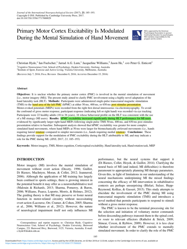 Primary Motor Cortex Excitability Is Modulated | PDF | Self-Improvement ...