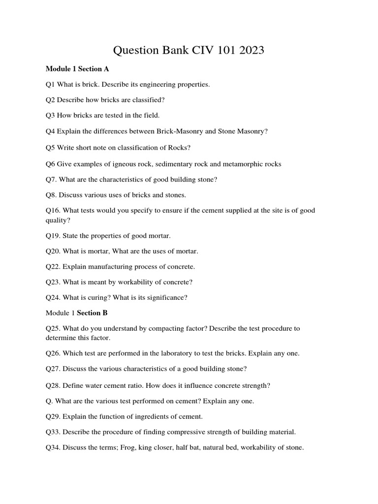 CIV Question Bank 2023 | PDF | Rock (Geology) | Force CIV Question Bank 2023 | PDF | Rock (Geology) | Force