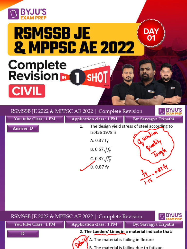 RSMSSB JE & MPPSC AE 2022 Civil Engineering Revision | PDF | Bending | Stiffness