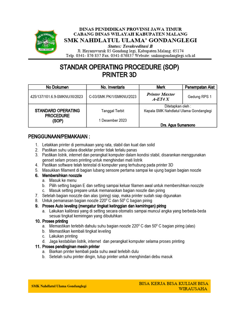 SOP Printer 3D - Ok | PDF | Teknologi & Rekayasa