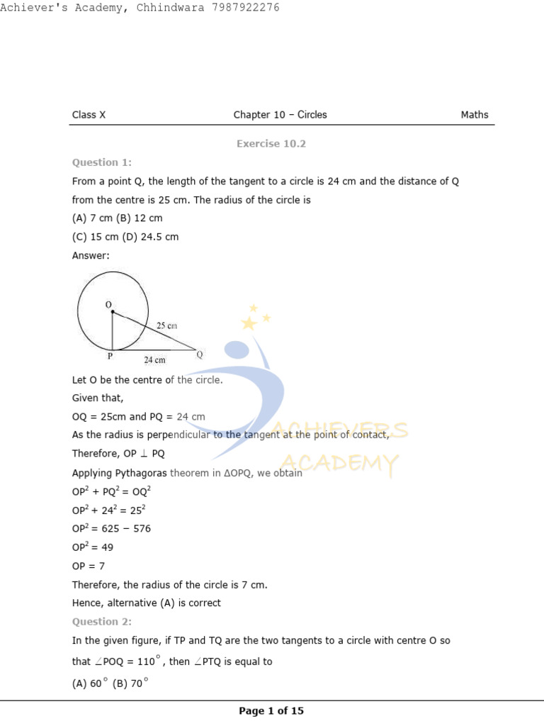 Class X Maths: Circle Exercises | PDF | Circle | Perpendicular
