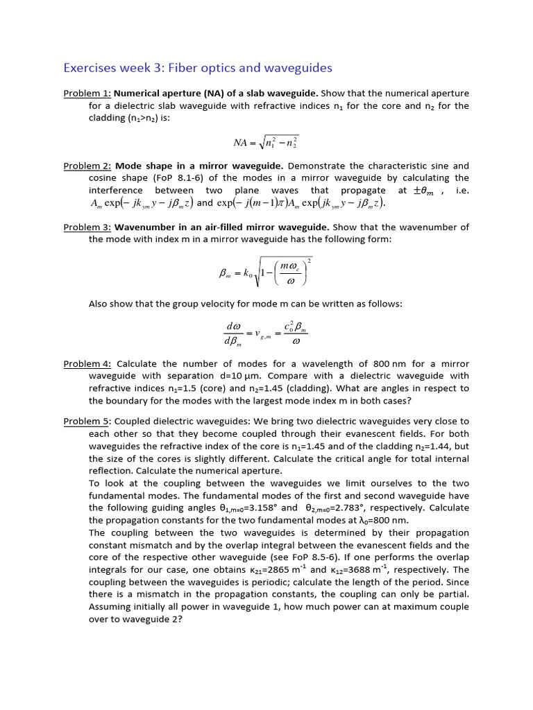 Week 3 Exercises: Fiber Optics Analysis | PDF | Waveguide | Optical Fiber