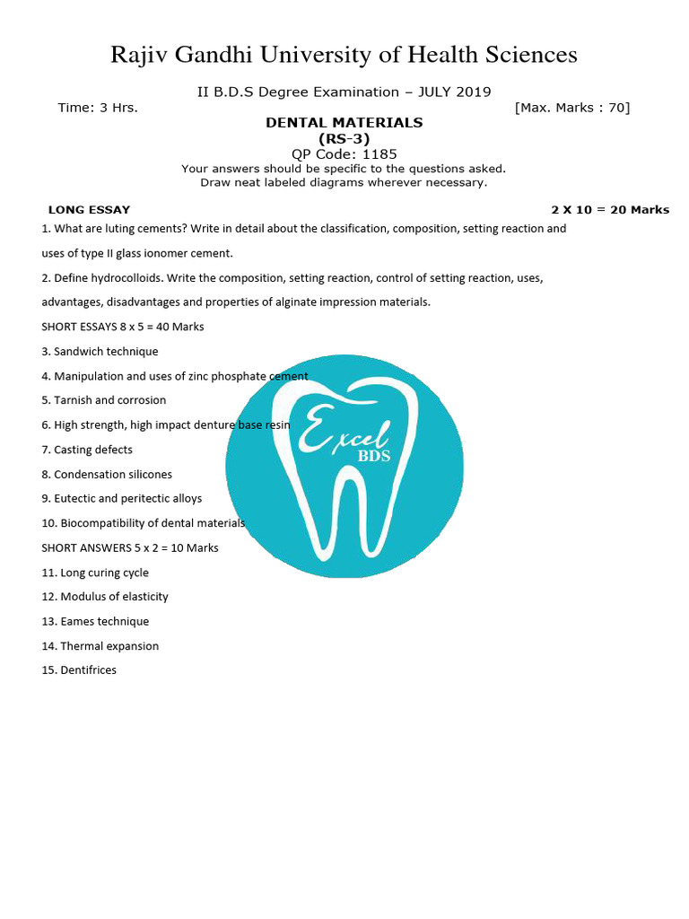 Rajiv Gandhi University of Health Sciences: II B.D.S Degree Examination ...