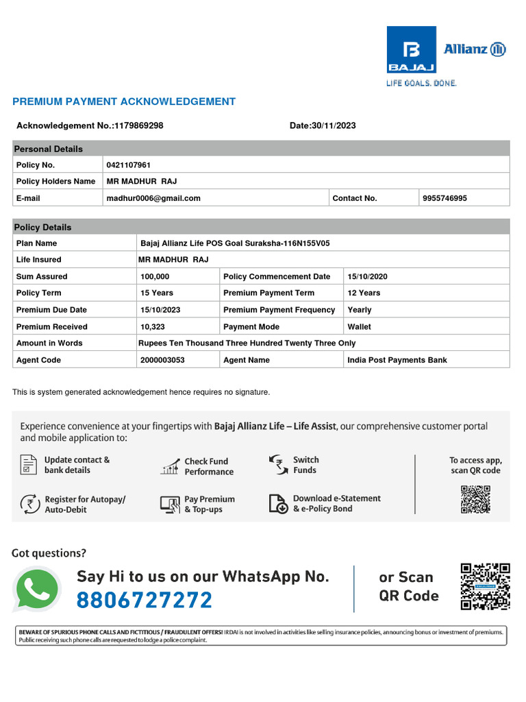 Dangi Bros Premium Payment Acknowledgement | PDF | Finance & Money ...