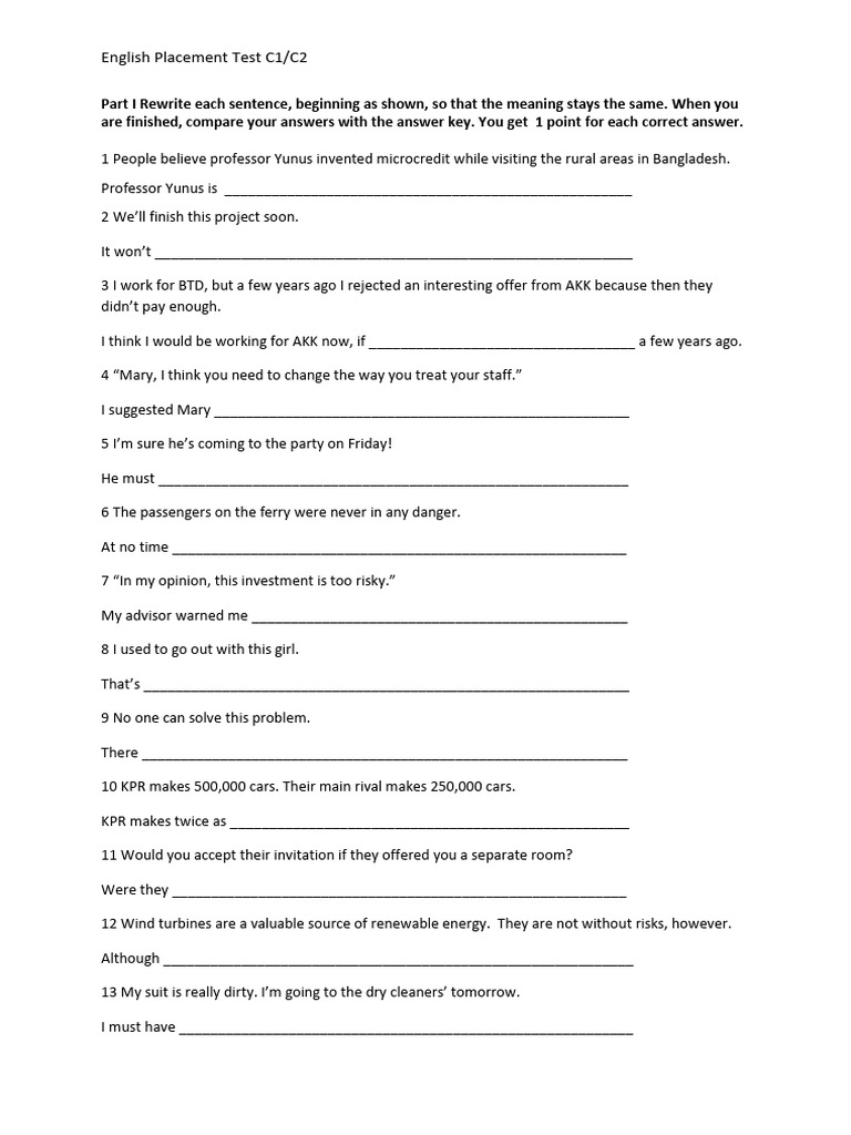 C1/C2 English Placement Test Exercises | PDF | Games & Activities