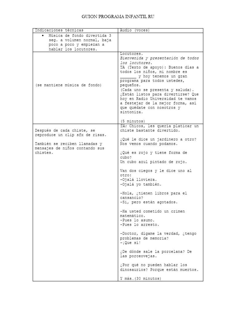 Guion Programa Infantil RU | PDF