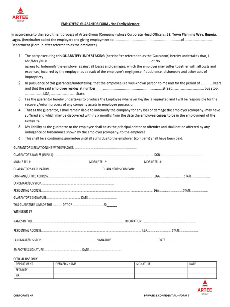 Artee Group Employee Guarantor Form | PDF | Identity Document | Guarantee