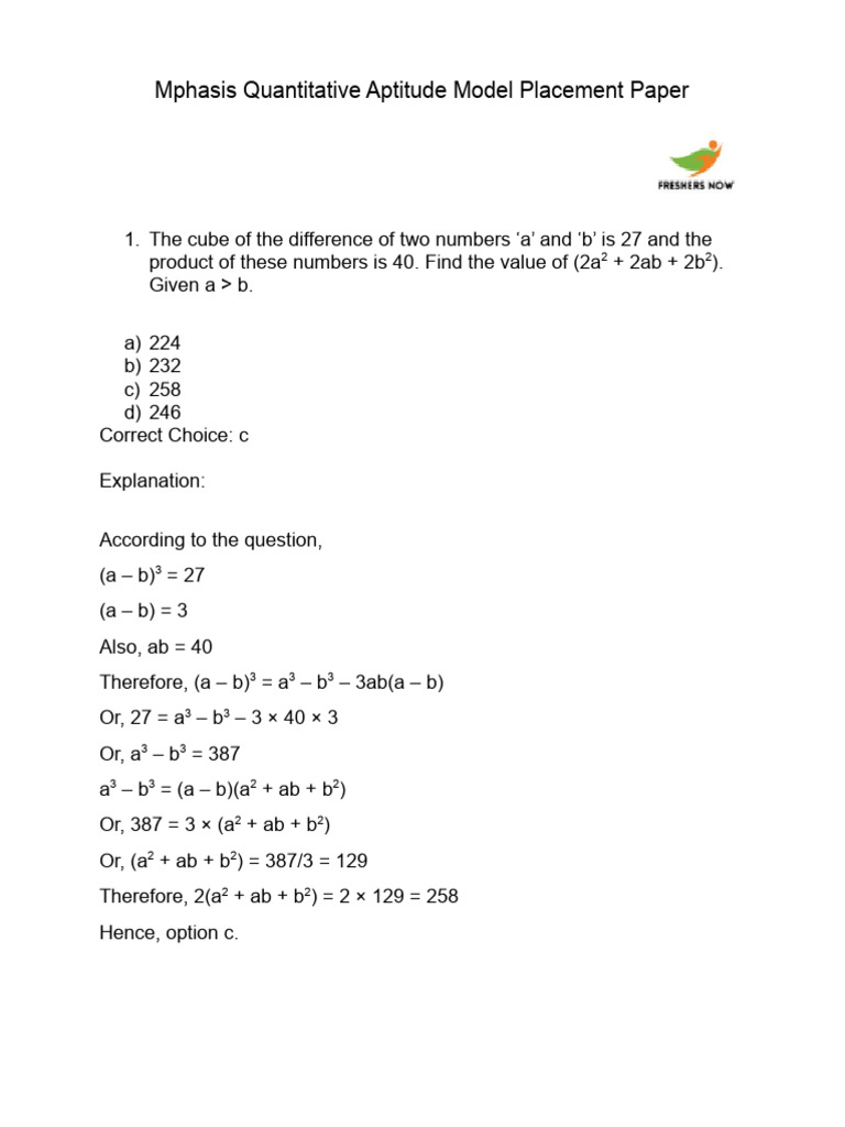 Mphasis Quantitative Aptitude Model Placement Paper | PDF | Area | Interest