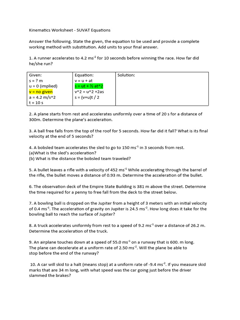 Y10 Kinematics Worksheet 1 | PDF