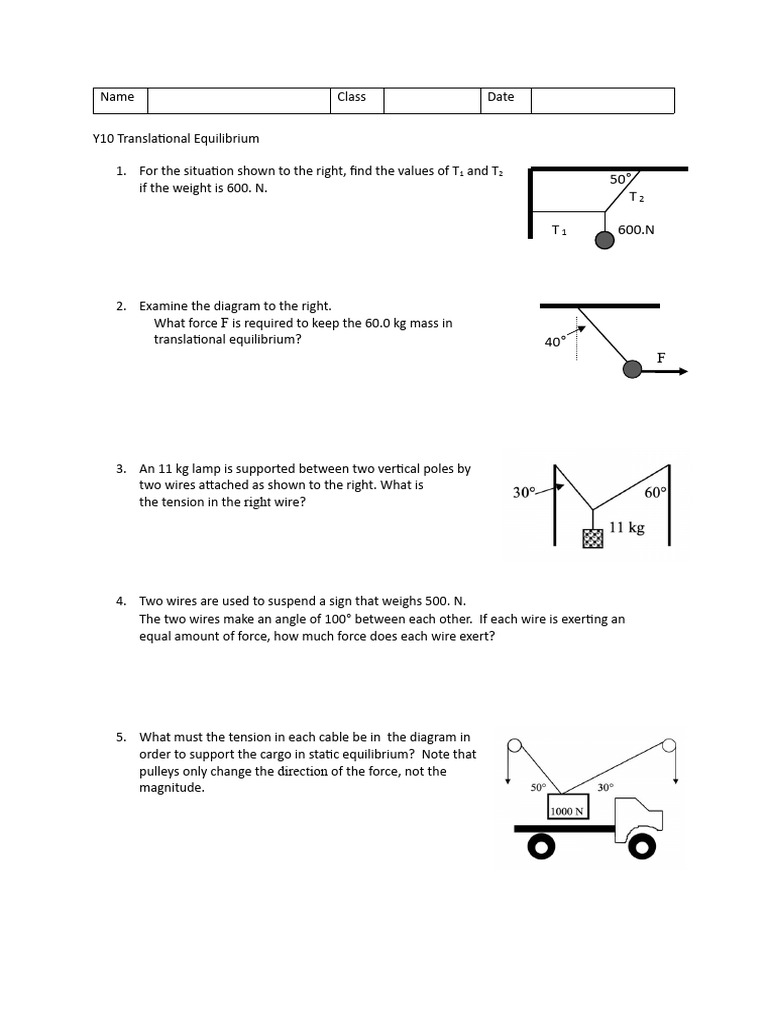 Y10 Translational Equilibrium WS | PDF | Science & Mathematics