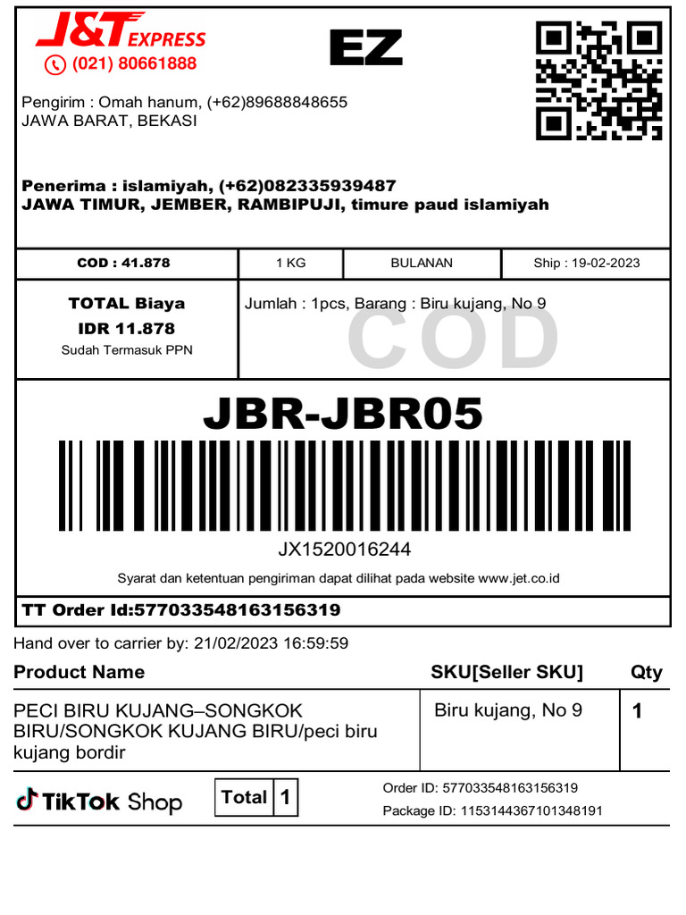 JBR-JBR05: COD: 41.878 1 KG Bulanan Ship: 19-02-2023 | PDF