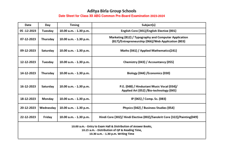 Class XII ABG Pre-Board Exam Schedule | PDF