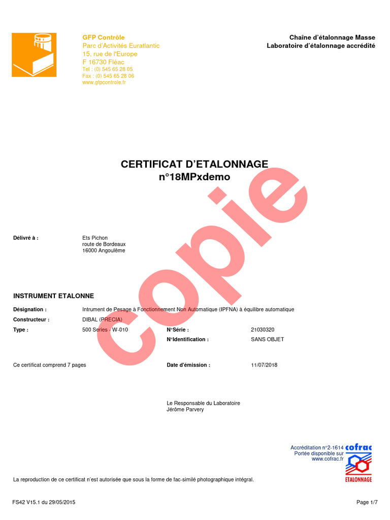 Certificat Etalonnage COFRAC | PDF