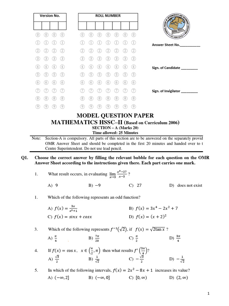 Final HSSC-II Mathematics Model Paper | PDF | Ellipse | Function ...