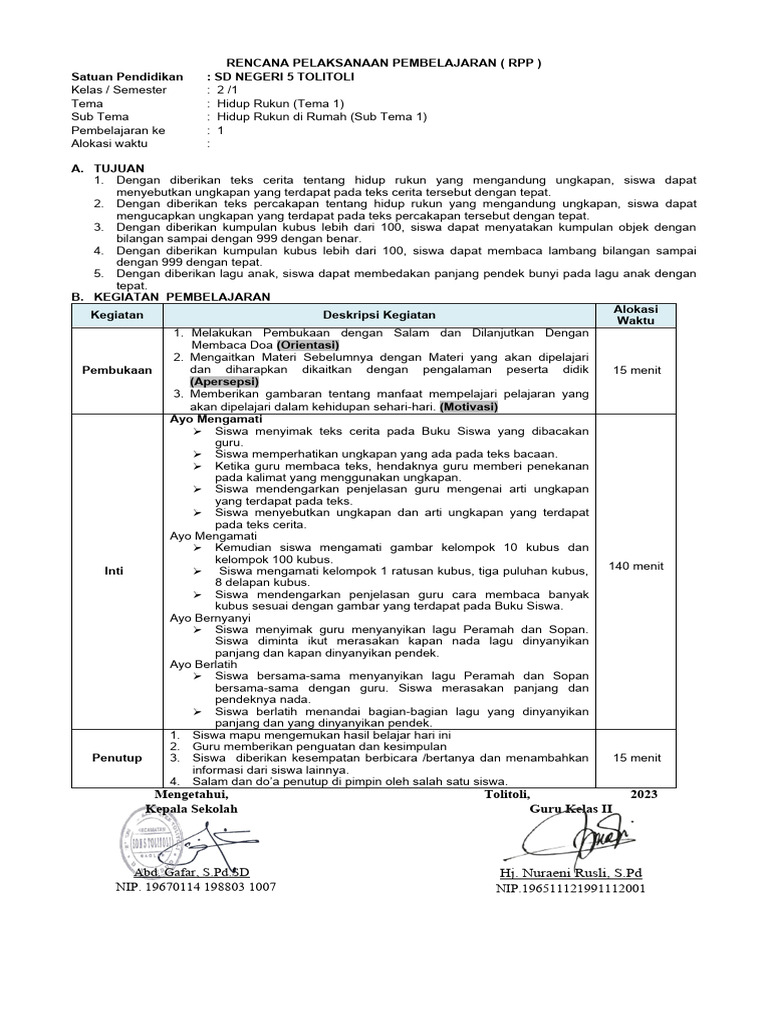 RPP Kelas 2 Tema 1 Sub Tema 1 | PDF | Seni & Disiplin Bahasa