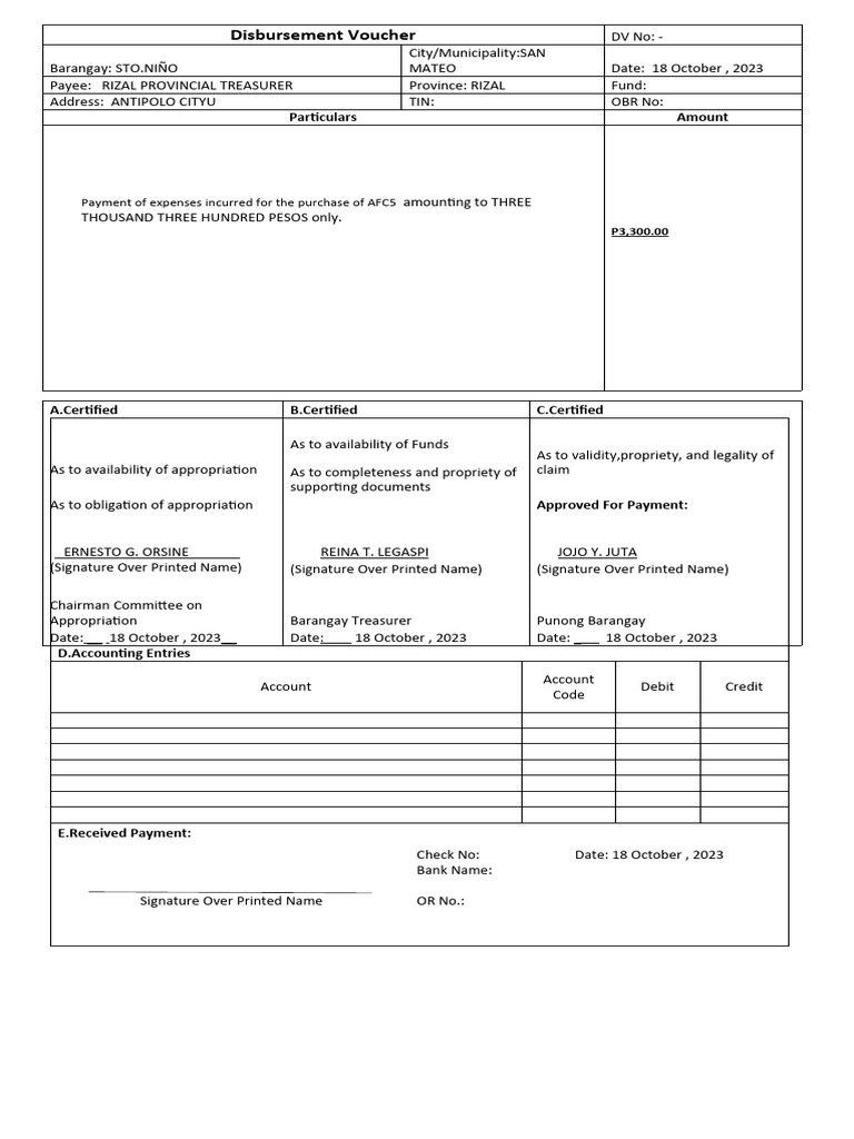 Barangay Disbursement Voucher Sample | PDF